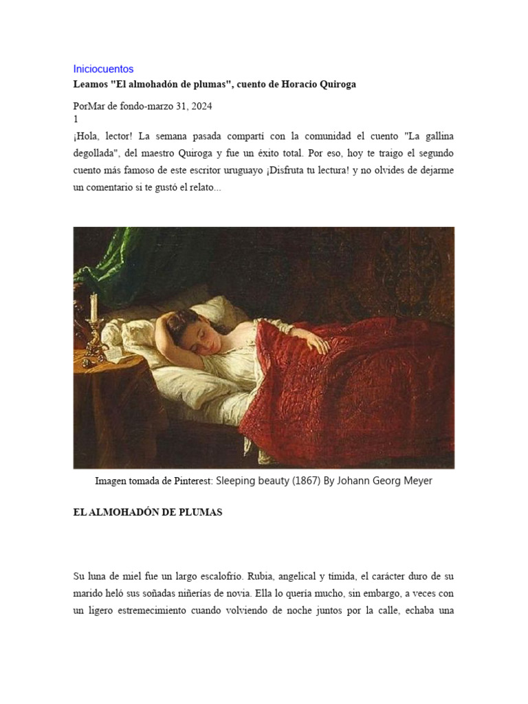 EL ALMOHADÓN DE PLUMAS Horacio Quiroga | PDF