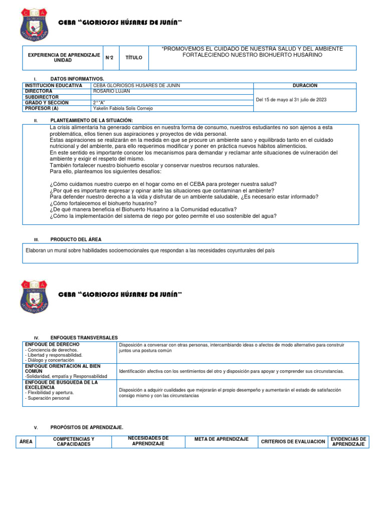 Experiencia De Aprendizaje N 1 Eda 02 Ct 2 A Pdf Aprendizaje