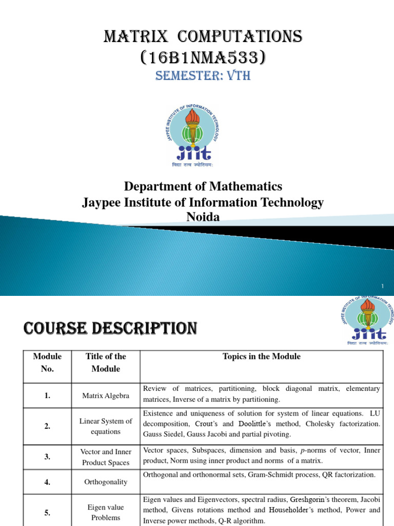 Lect 1 - Introduction To The Course - 16B1NMA533 | PDF | Matrix (Mathematics) | Eigenvalues And ...