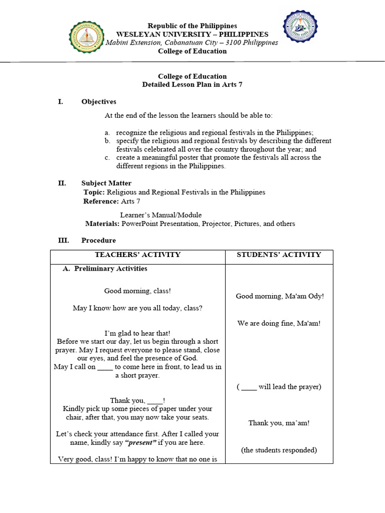 Arts 7: Philippine Festivals Lesson Plan | PDF | Festival