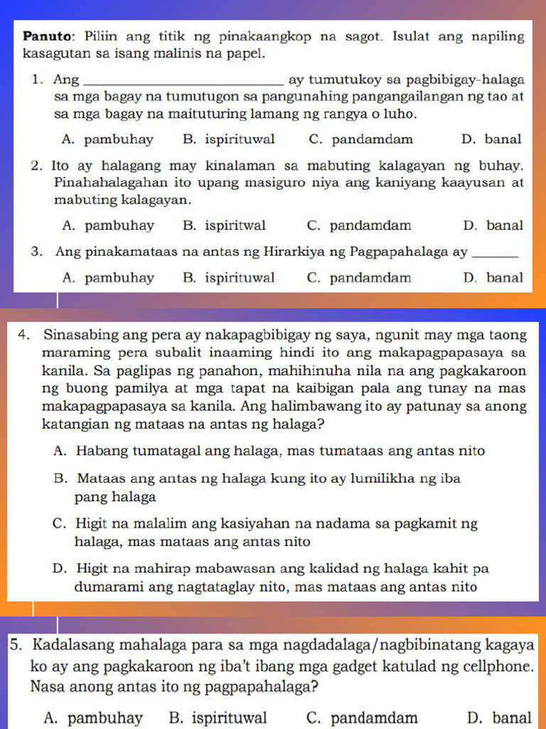 Q3 ESP 7 QUIZ 2 Hirarkiya NG Pagpapahalaga | PDF