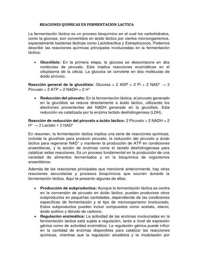 Reacciones Químicas de Fermentación Láctica | PDF | Fermentación ...