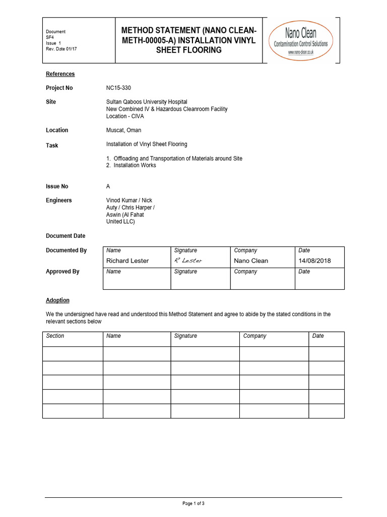 METH 00005 A 330 SQUH Method Statement Vinyl Floor | PDF | Personal ...