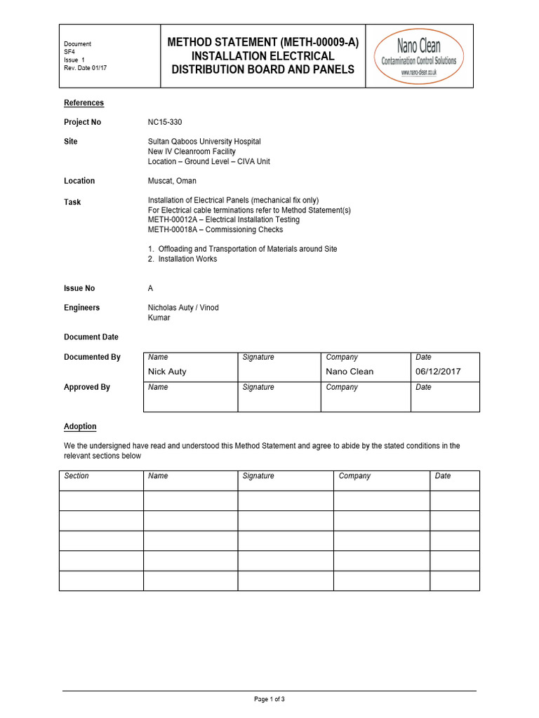 METH-00009-A - Method Statement - Installation Electrical Distribution Board and Panels | PDF ...