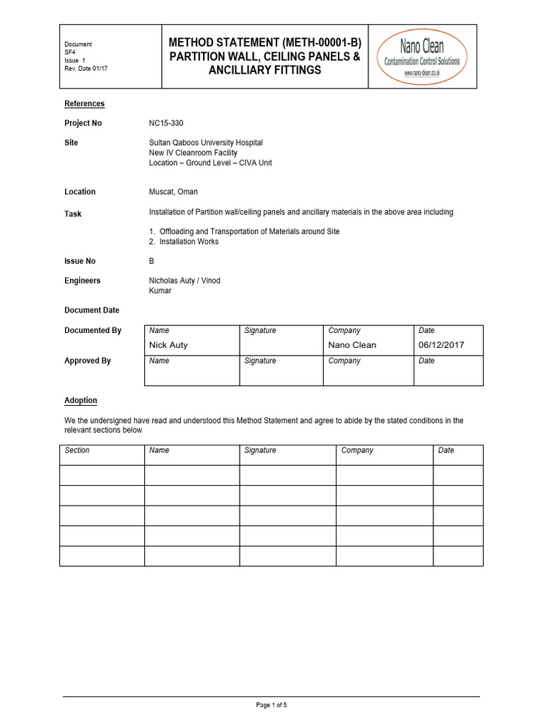 METH-00001-B - Method Statement - Partition Wall, Ceiling Panels & Ancillary Fittings | Download ...
