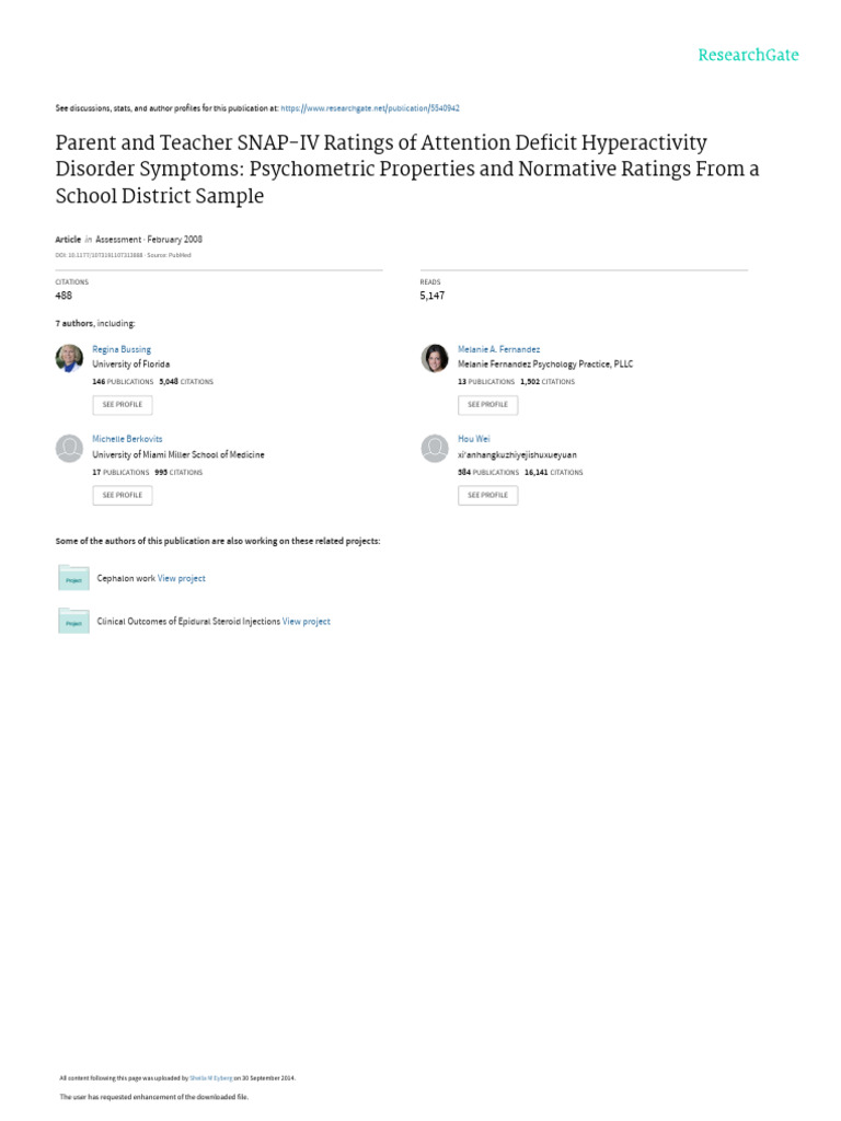 Parent and Teacher SNAP-IV Ratings of Attention de | Download Free PDF ...