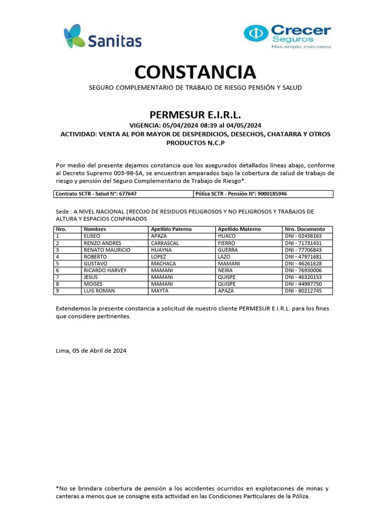 Cobertura SCTR para Riesgos Laborales | PDF | Seguro | Riesgo