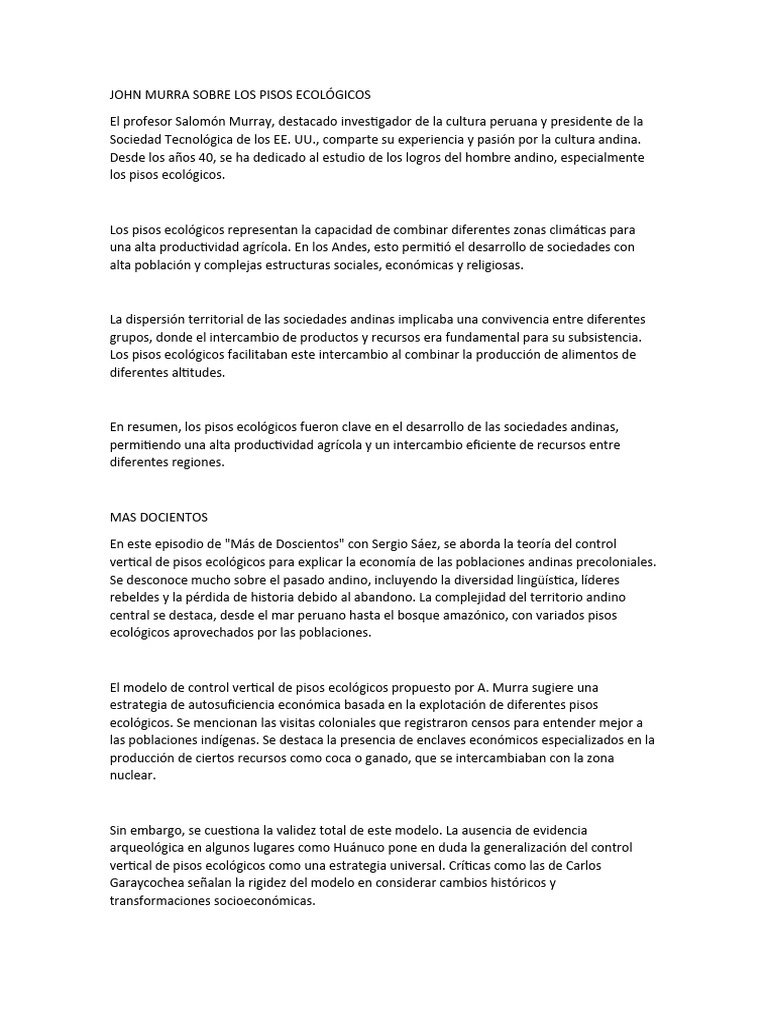 John Murra Sobre Los Pisos Ecológicos | PDF | Sociedad | Agricultura