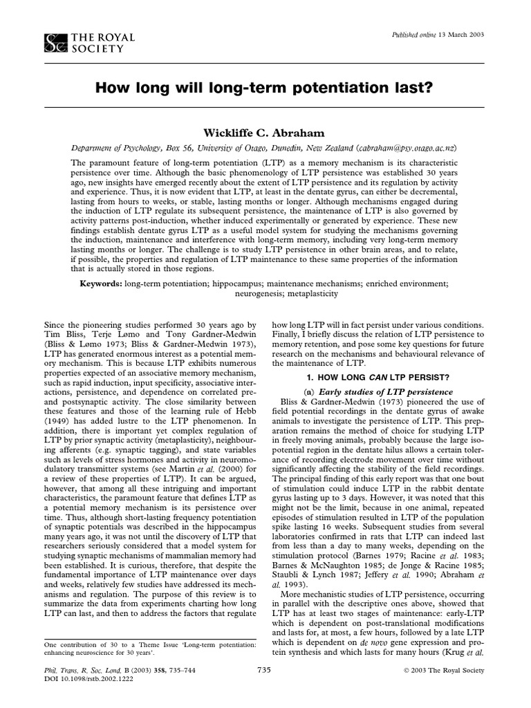Longevity of Long-Term Potentiation | PDF | Long Term Potentiation | Memory