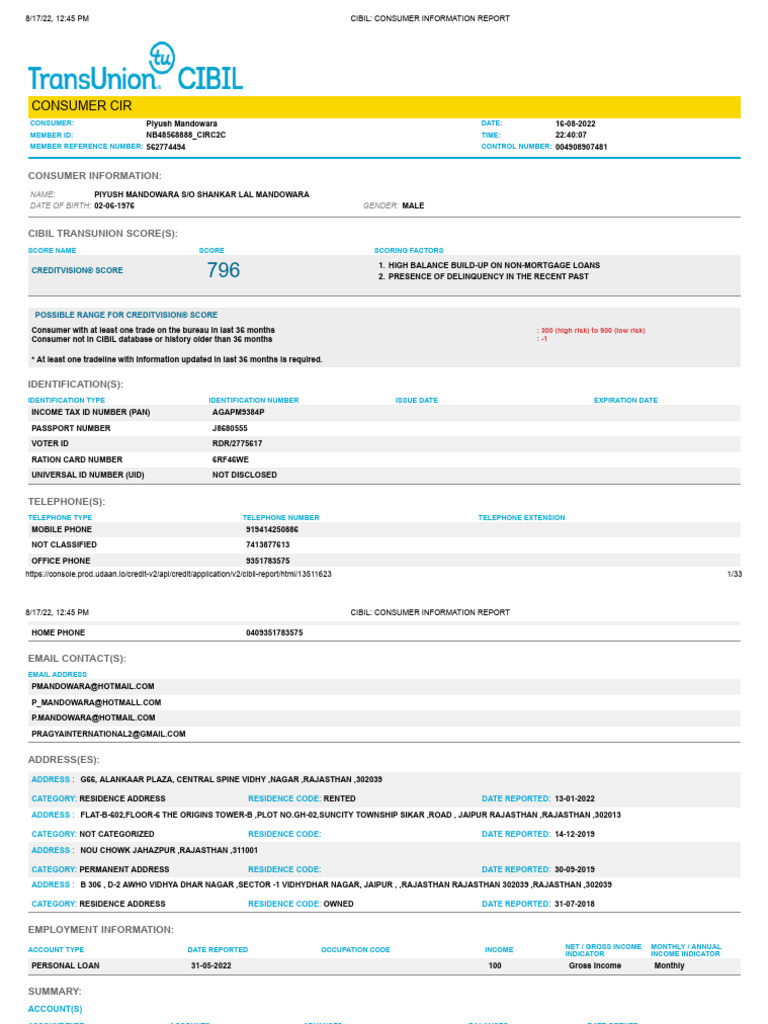 Sample CIBIL Report - Individual 1 | PDF | Loans | Interest