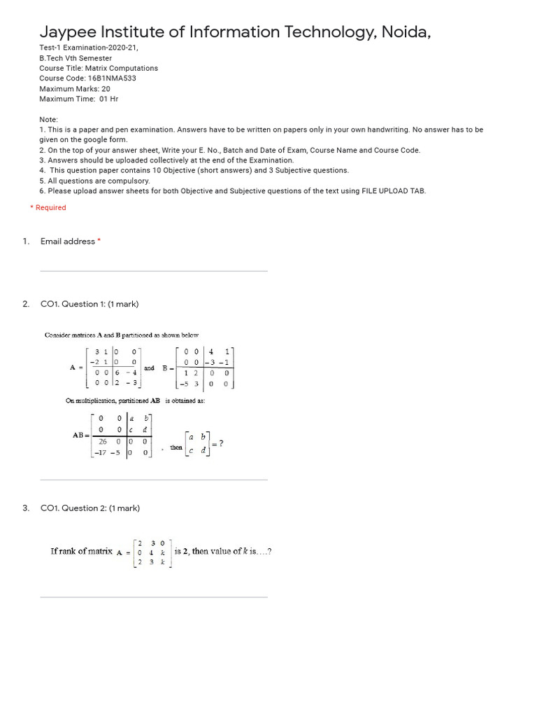 T1-Matrix Computations 2020 - Google Forms | PDF