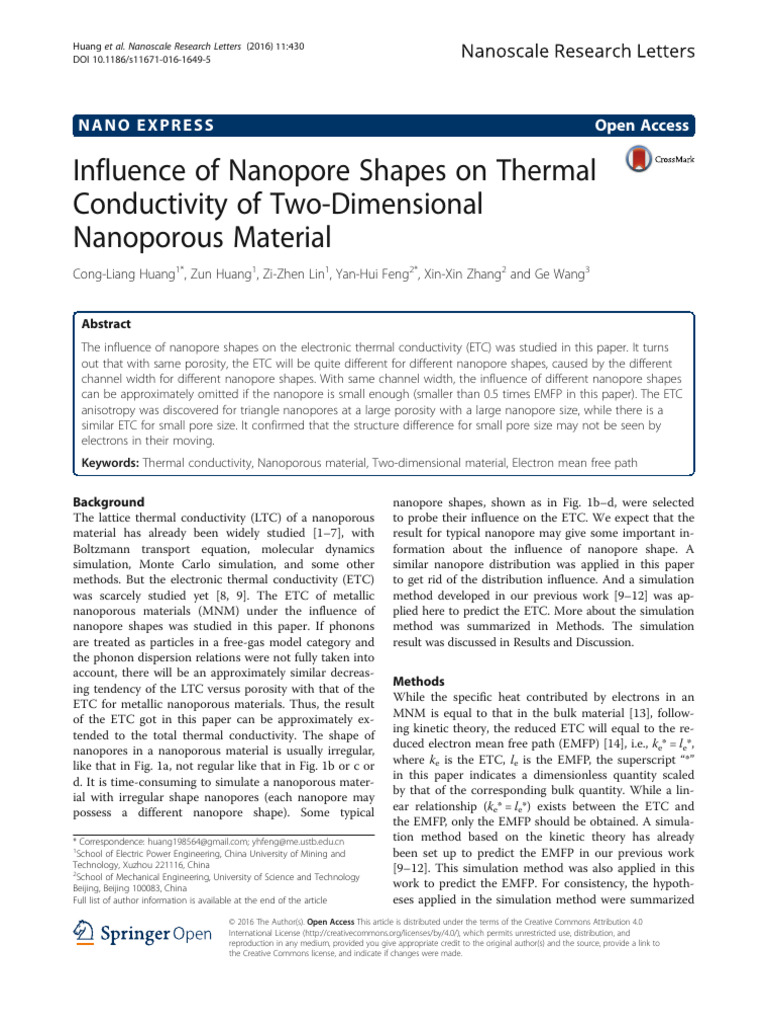 Influence of Nanopore Shapes On Thermal Conductivity of Two-Dimensional Nanoporous Material ...