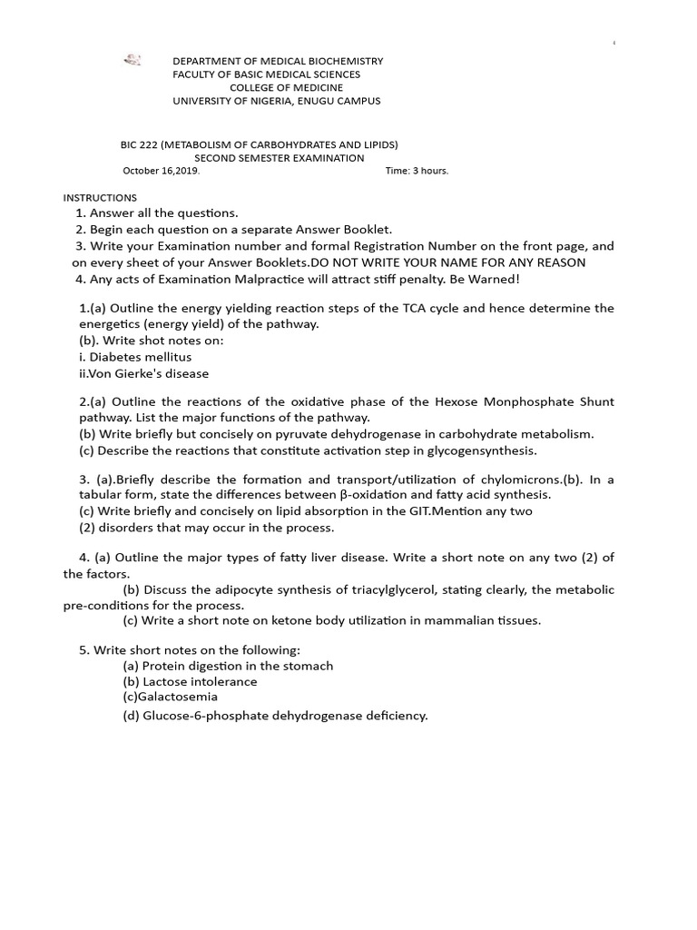 Bic Past Questions (Live) | PDF | Metabolism | Biosynthesis