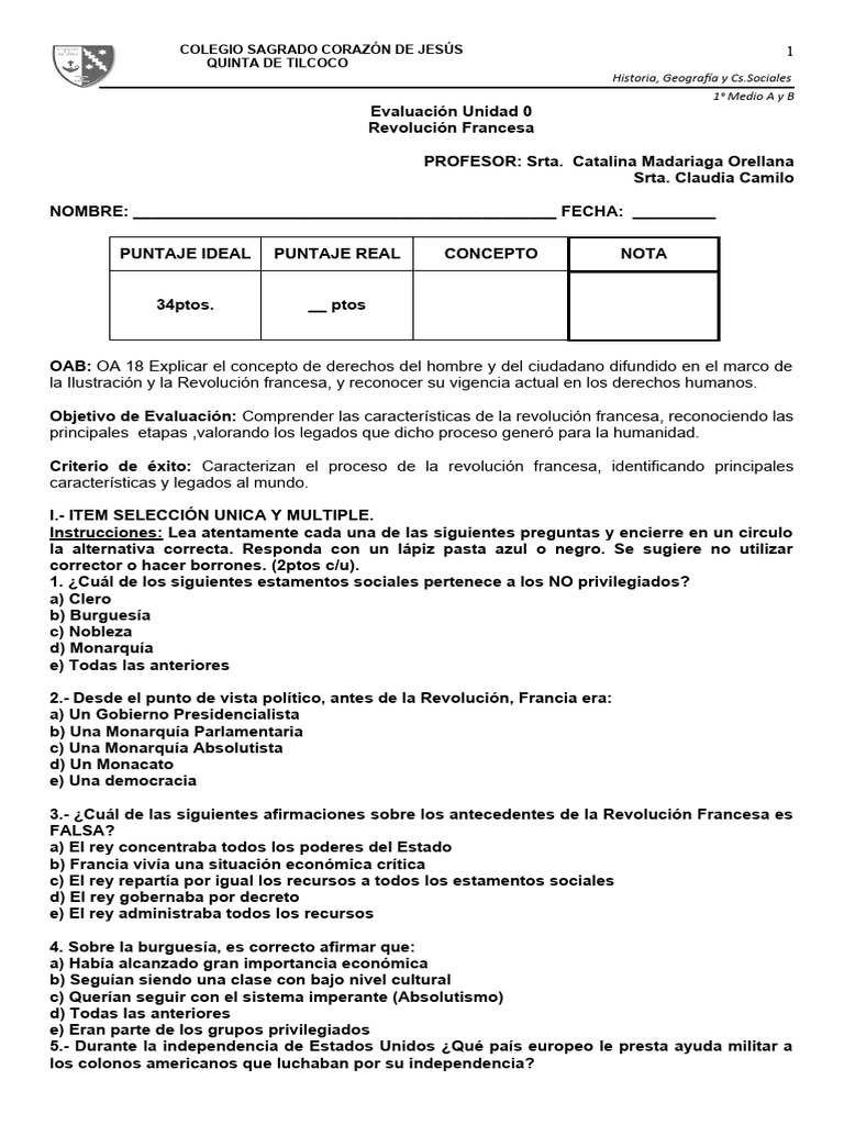 Prueba Rev Francesa | PDF | revolución Francesa | Francia