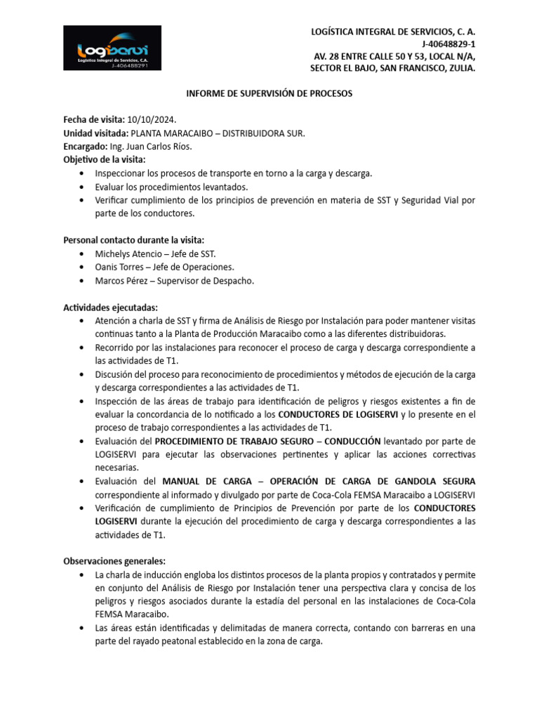 INFORME DE SUPERVISIÓN DE PROCESOS PLANTA MARACAIBO 10-01-2024 | PDF ...