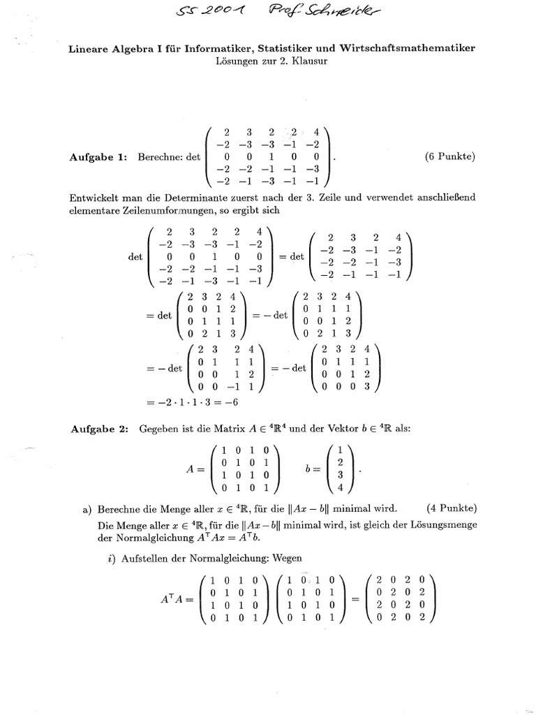 Lineare Algebra 2 Klausur Sommersemester 2001 | PDF