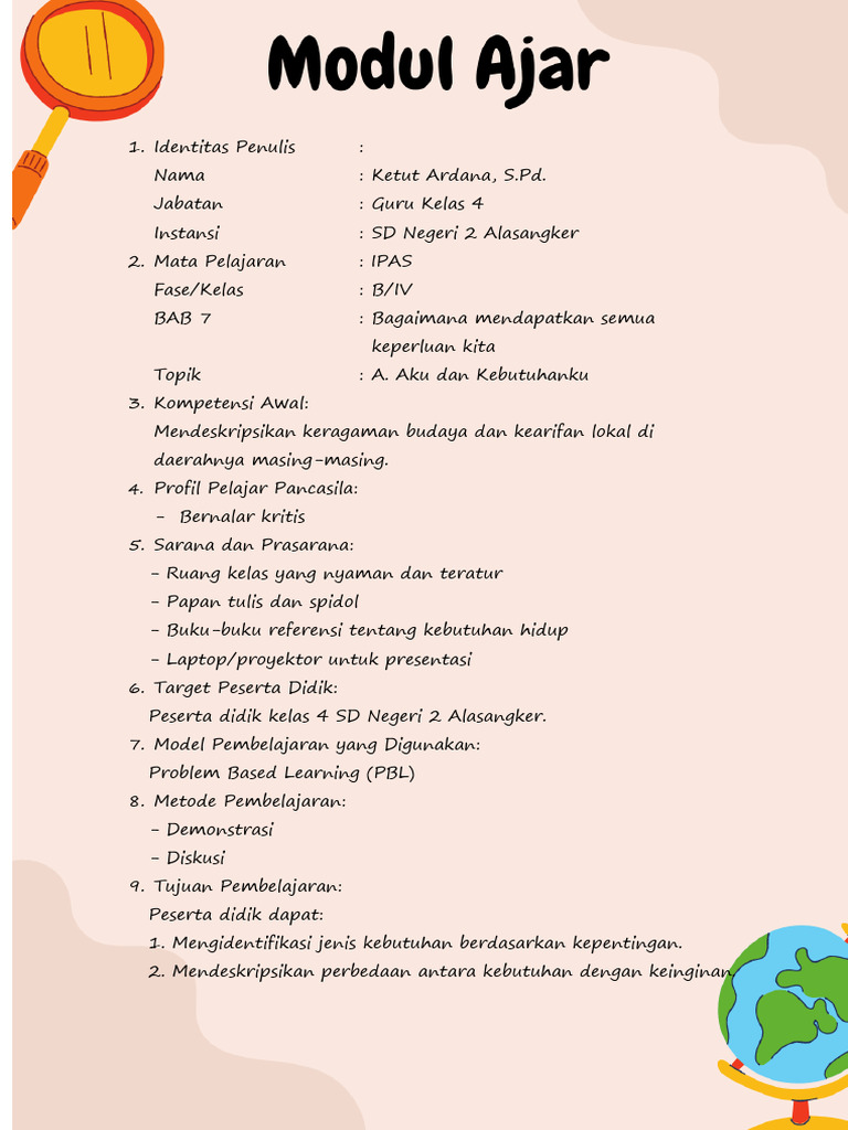 Modul Ajar Kelas 4 Aku Dan Kebutuhanku | PDF
