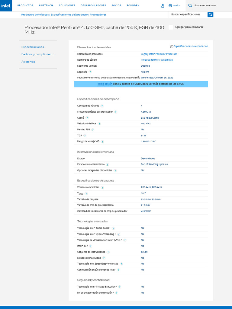 Intel Pentium 4 Processor 1.60 GHZ Especificaciones | PDF | Microprocesador | Intel