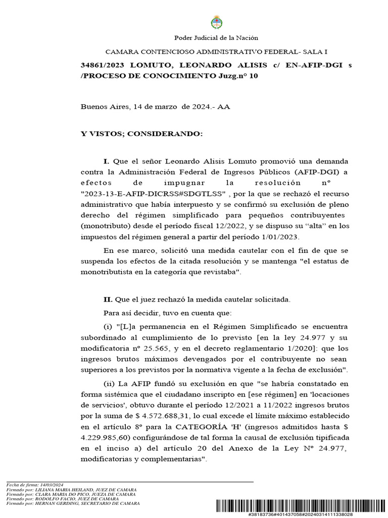 MONOTRIBUTO Jurisprudencia 2024 Lomuto, Leonardo Alisis-Exclusion Del ...