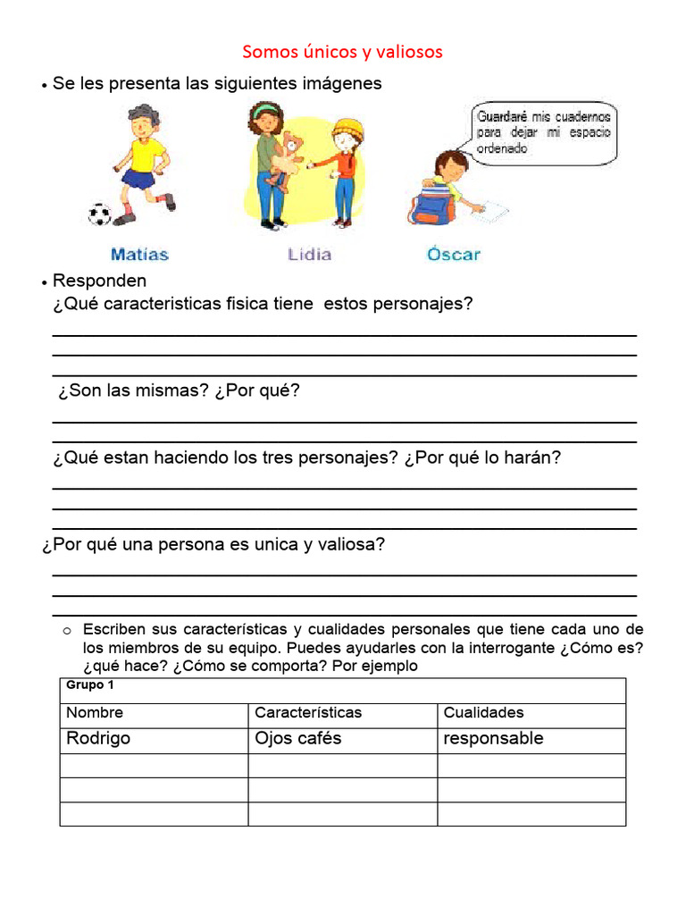 Actividades: Somos Únicos y Valiosos | PDF