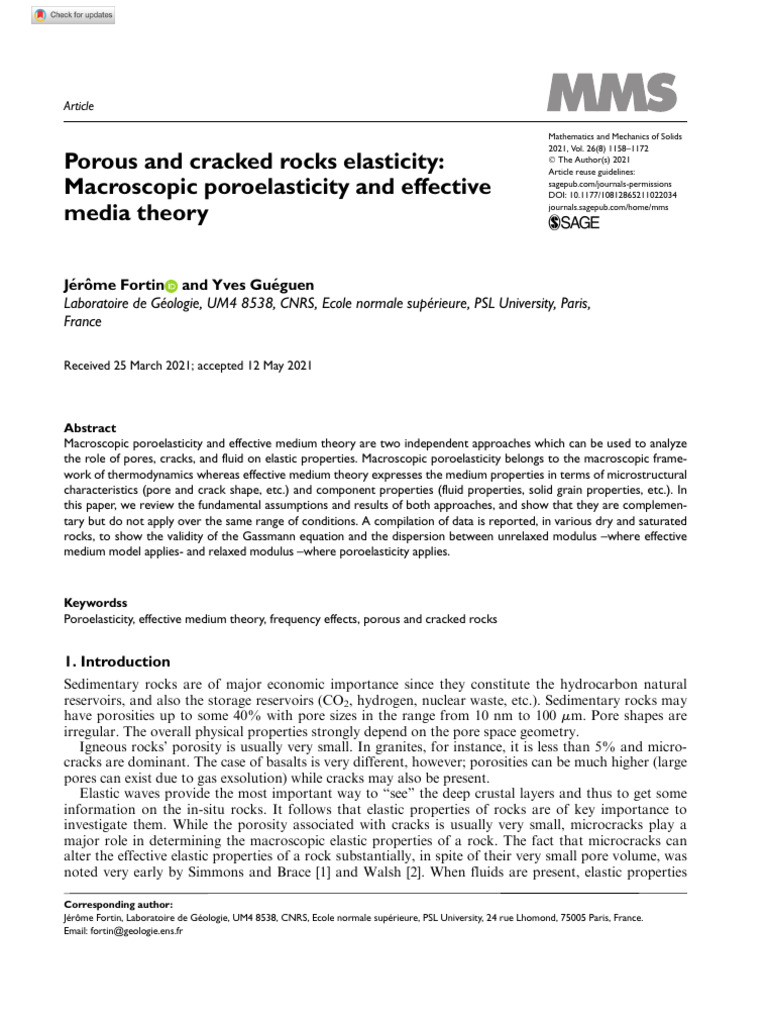 Fortin Gueguen 2021 Porous And Cracked Rocks Elasticity Macroscopic Poroelasticity And Effective