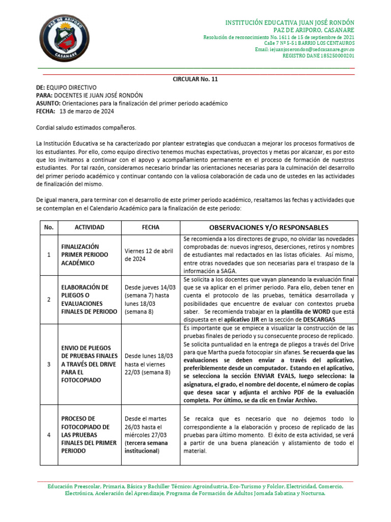 Circular No 11. Orientaciones para Finalización Del Primer de Periodo 2024 | PDF | Evaluación ...