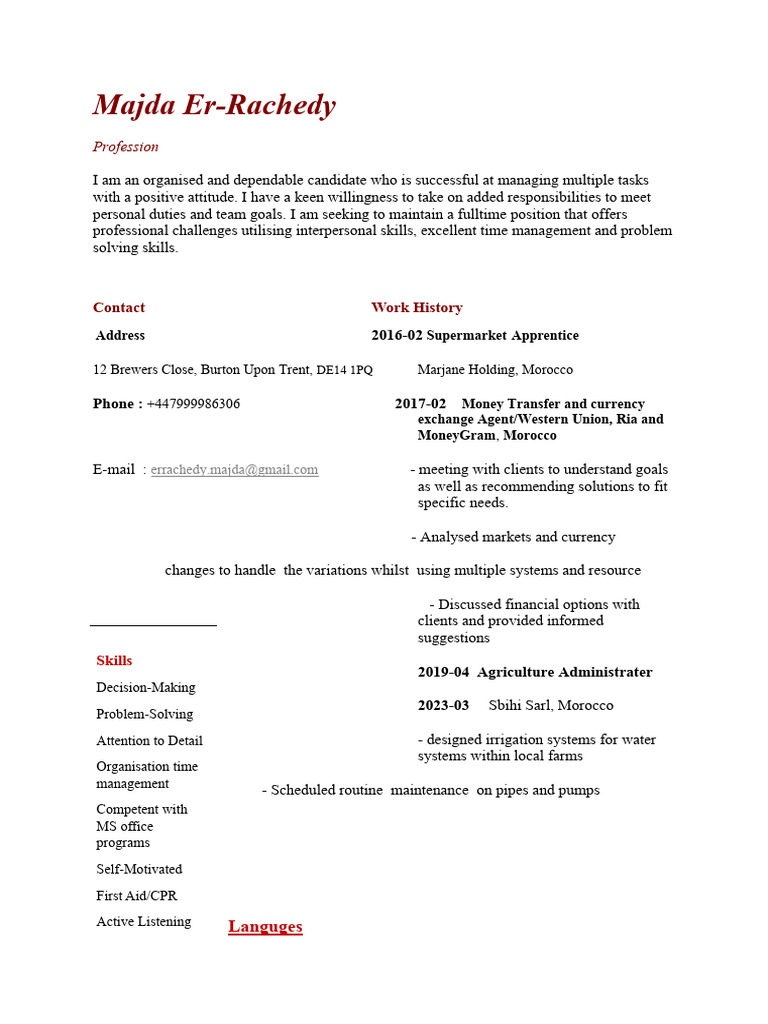 Majda Er-Rachedy CV | PDF | Business | Economies