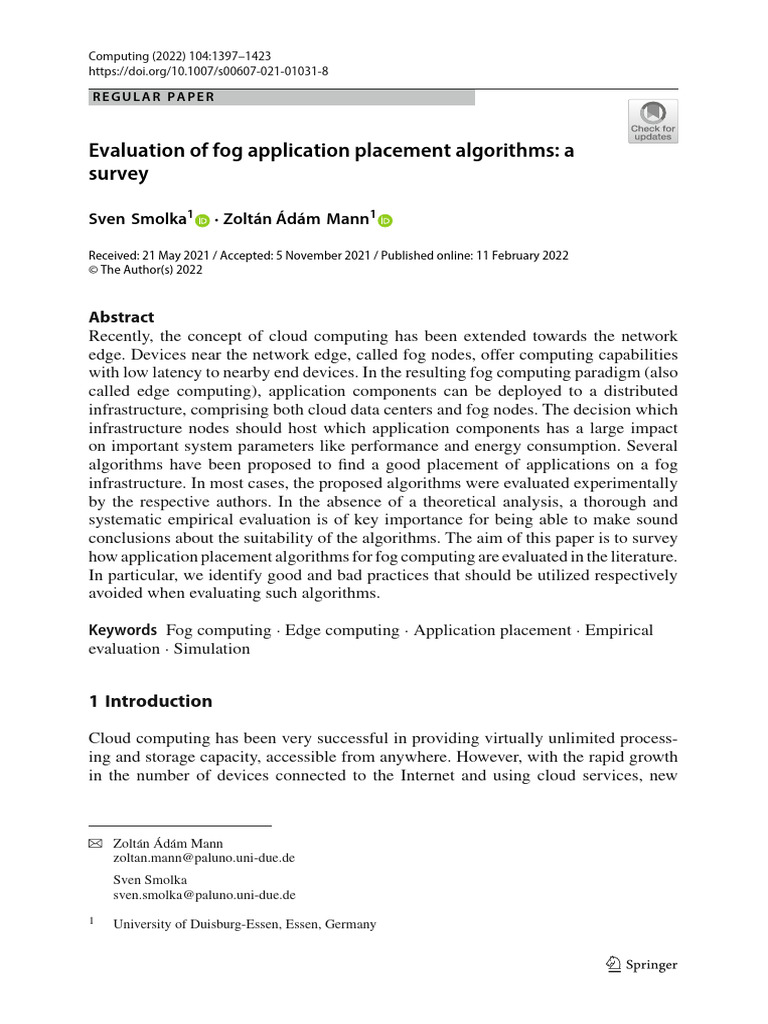Evaluation of Fog Application Placement Algorithms A Survey - 2022 - Springer | PDF | Computing ...