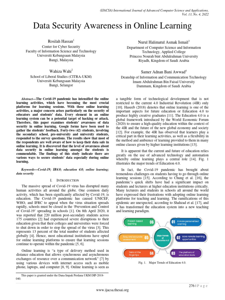 Data Security Awareness in Online Learning - 2022 - Science and Information Organization | PDF ...