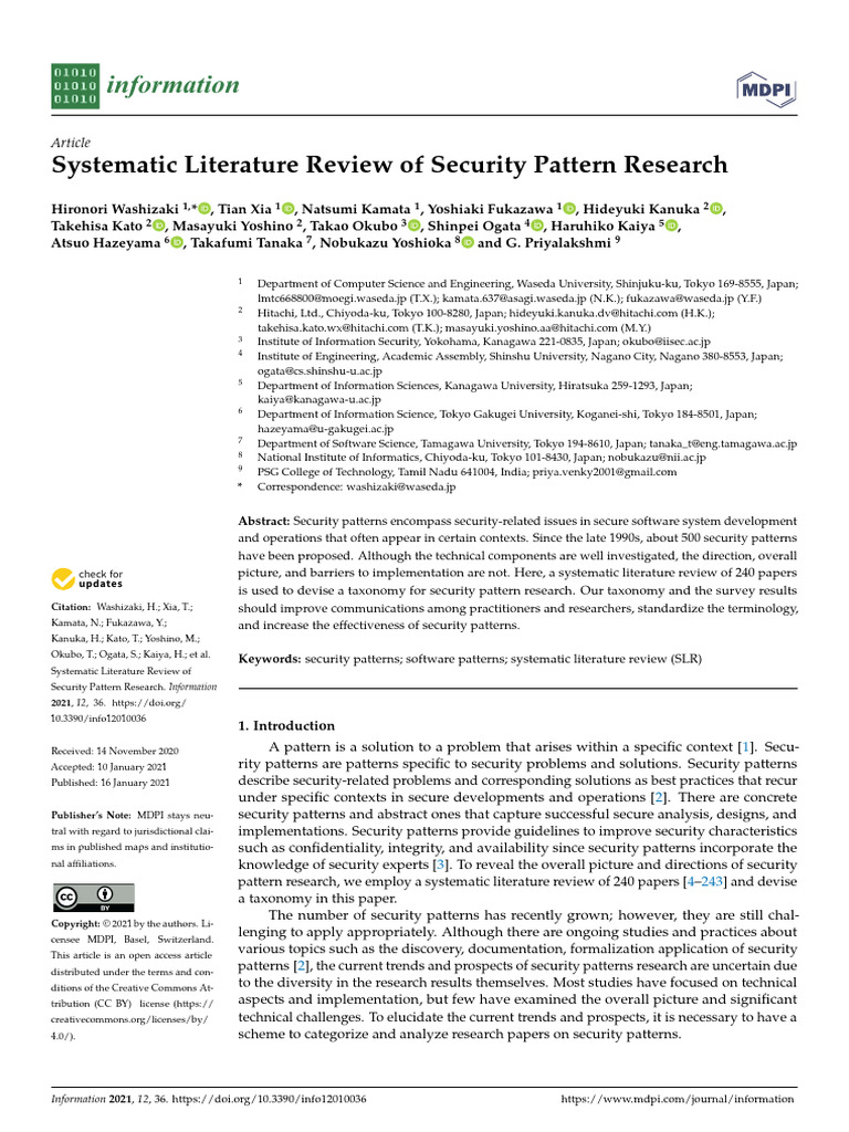Systematic Literature Review Of Security Pattern Research 2021 Mdpi Ag Download Free Pdf