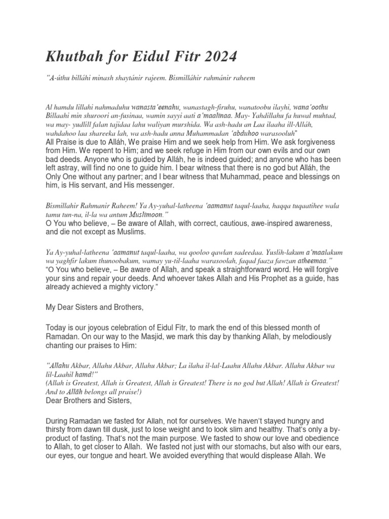 Khutbah For Eidul Fitr 2024 | PDF | Ramadan | God In Islam