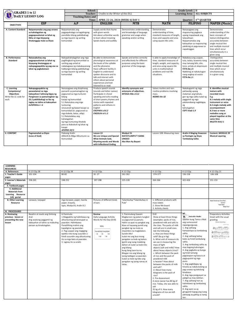 DLL - All Subjects 2 - Q4 - W4 - D1-2 | PDF