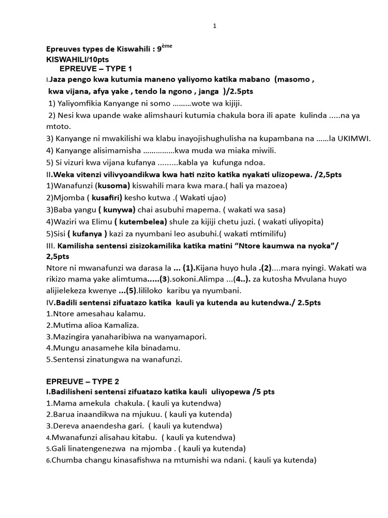Epreuves types de Kiswahili | PDF