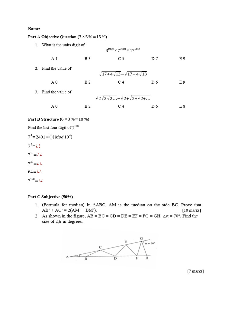 Math Exam: Objective & Subjective Questions | PDF