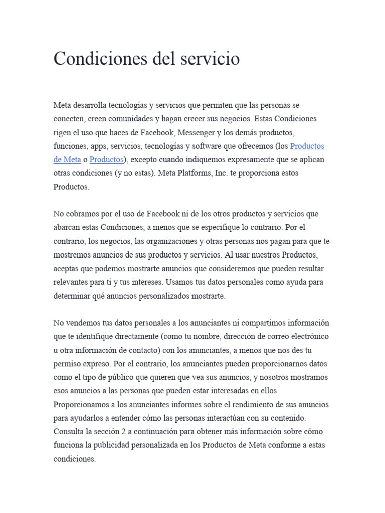 Condiciones Del Servicio | PDF | Facebook | Propiedad intelectual