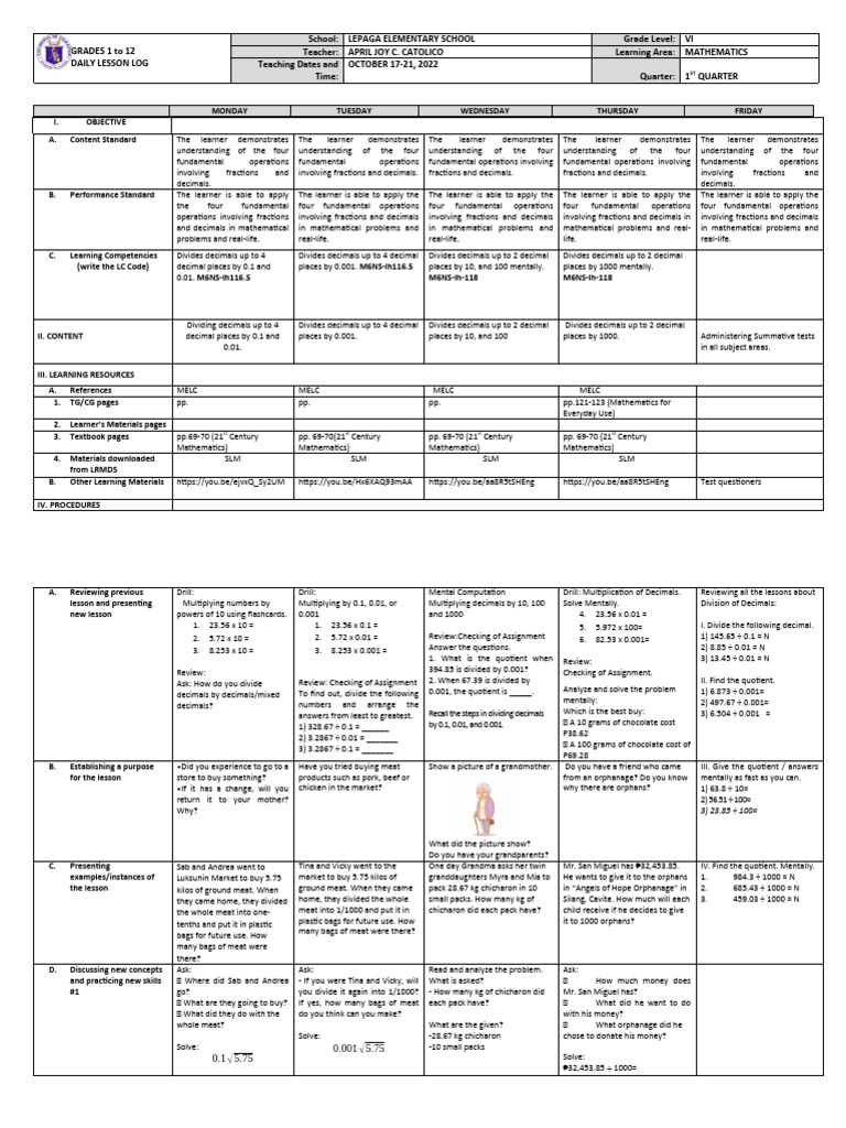 DLL Math Q1 Week8-Final | PDF | Learning | Decimal