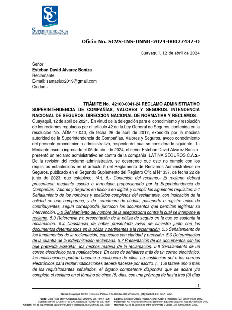 Oficio No. SCVS-INS-DNNR-2024-00027437-O | PDF | Póliza de seguros | Gobierno