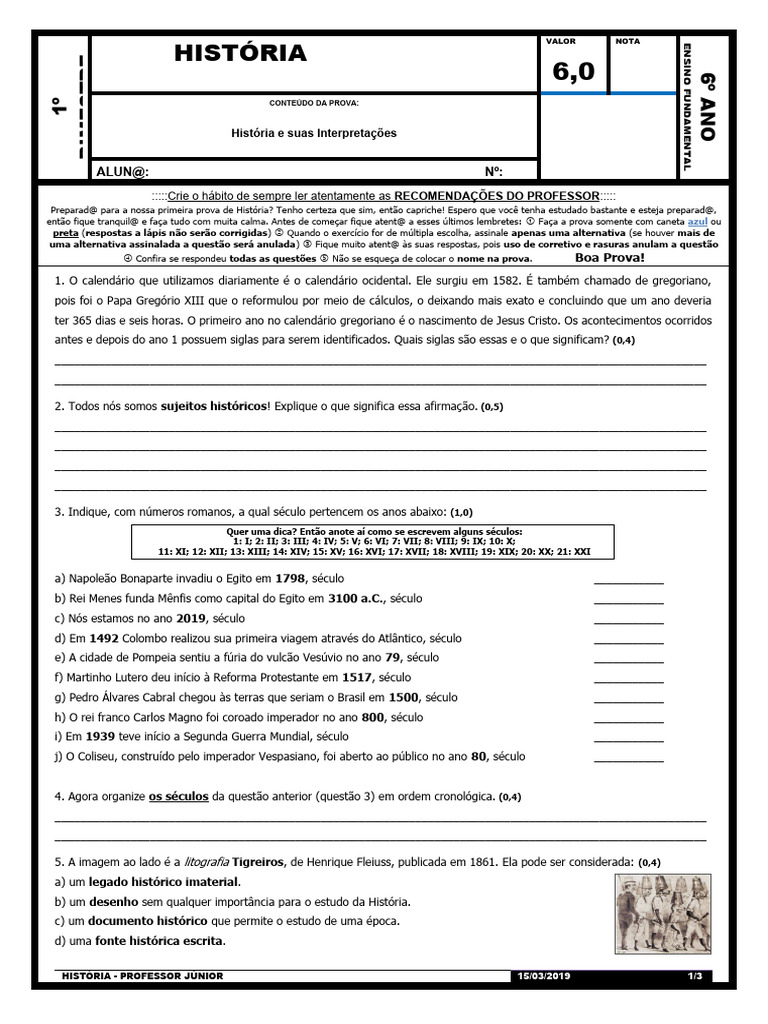 2019 6ano Hist 1bimestre Prova Regular Word | PDF | Tempo | Calendário