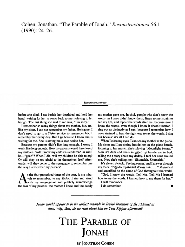 Cohen, Jonathan. “The Parable of Jonah.” Reconstructionist 56.1 (1990): 24–26 | PDF | Copyright ...