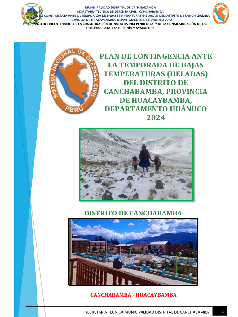 Plan de Contingencia Ante La Temporada de Bajas Temperaturas (Heladas) Del Distrito de ...