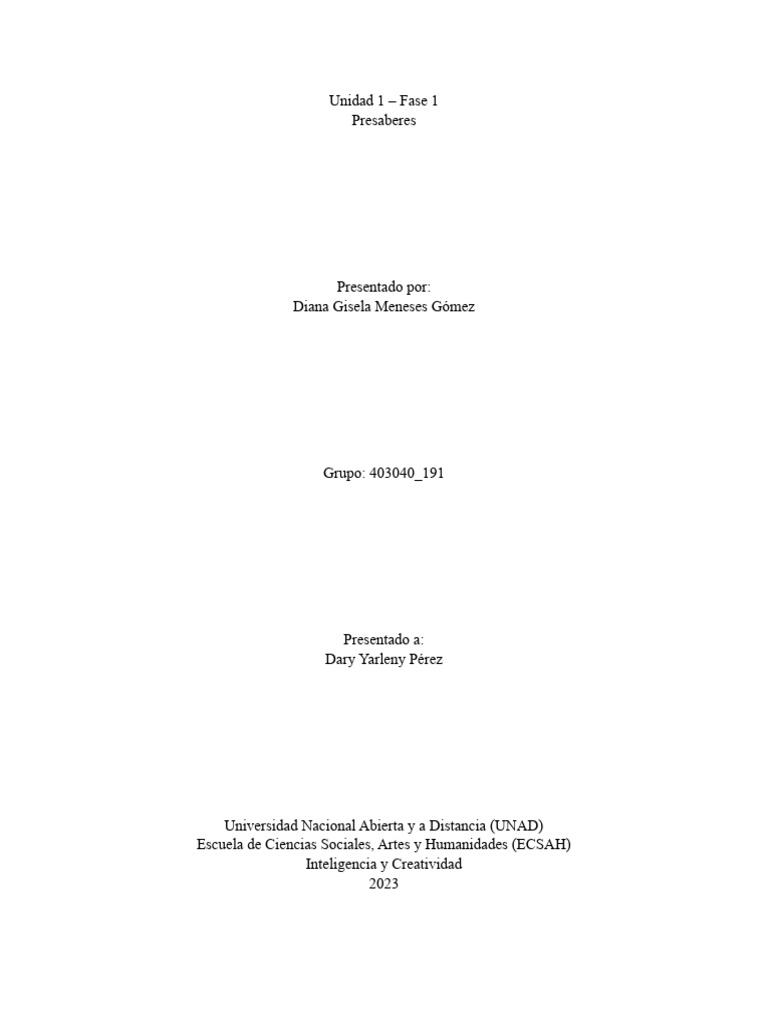 Unidad 1-Fase 1 - Diana Meneses - Inteligencia y Creatividad | PDF