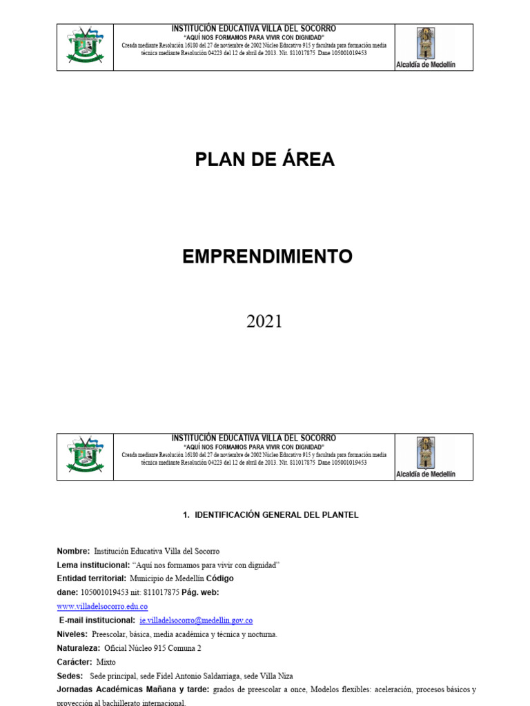 Plan-de-area-de-emprendimiento-2021 | PDF | Iniciativa empresarial | Aprendizaje