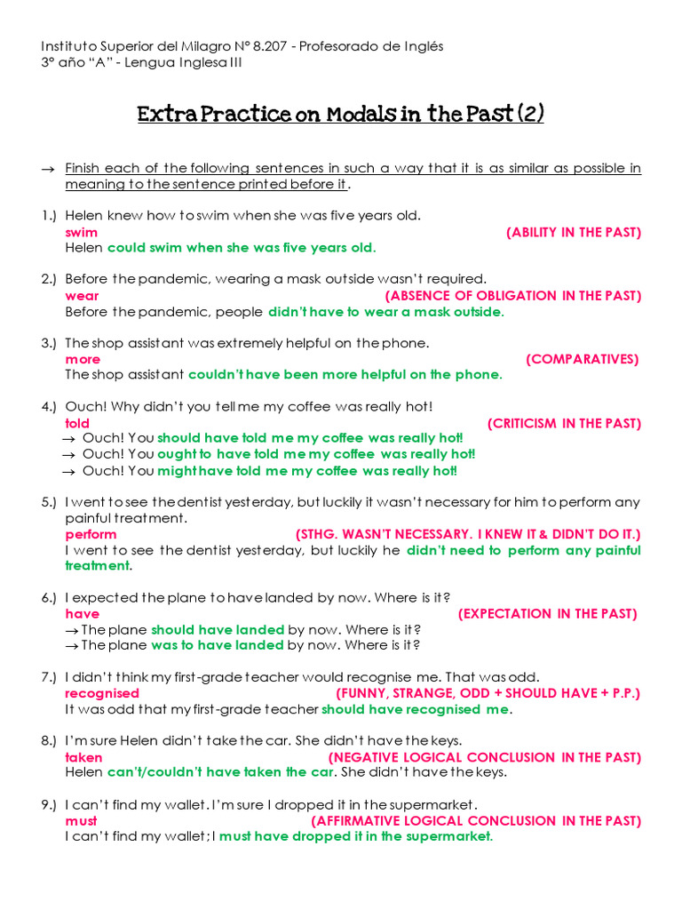 ANSWERKEY - IdM - Extra Practice - Modals in The Past | PDF