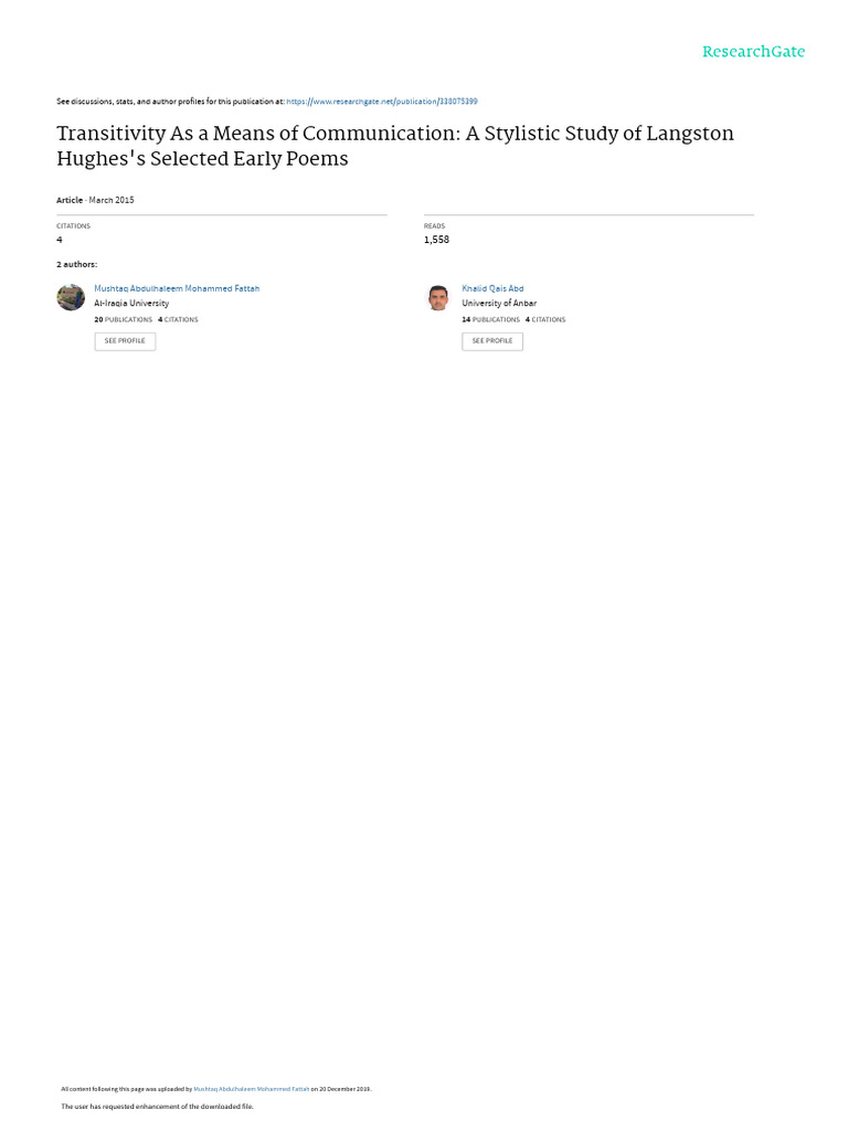 Transitivity Asa Meansof Communication AStylistic Studyof Langston ...
