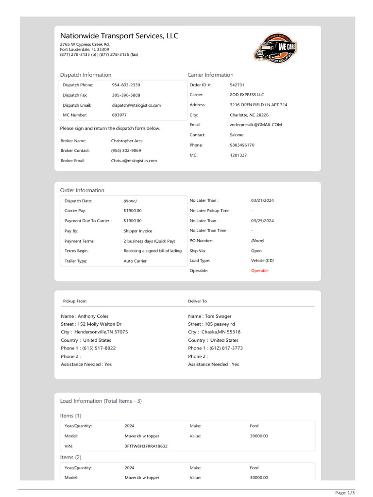 Auto Transport Dispatch Instructions | PDF | Cargo | Bill Of Lading