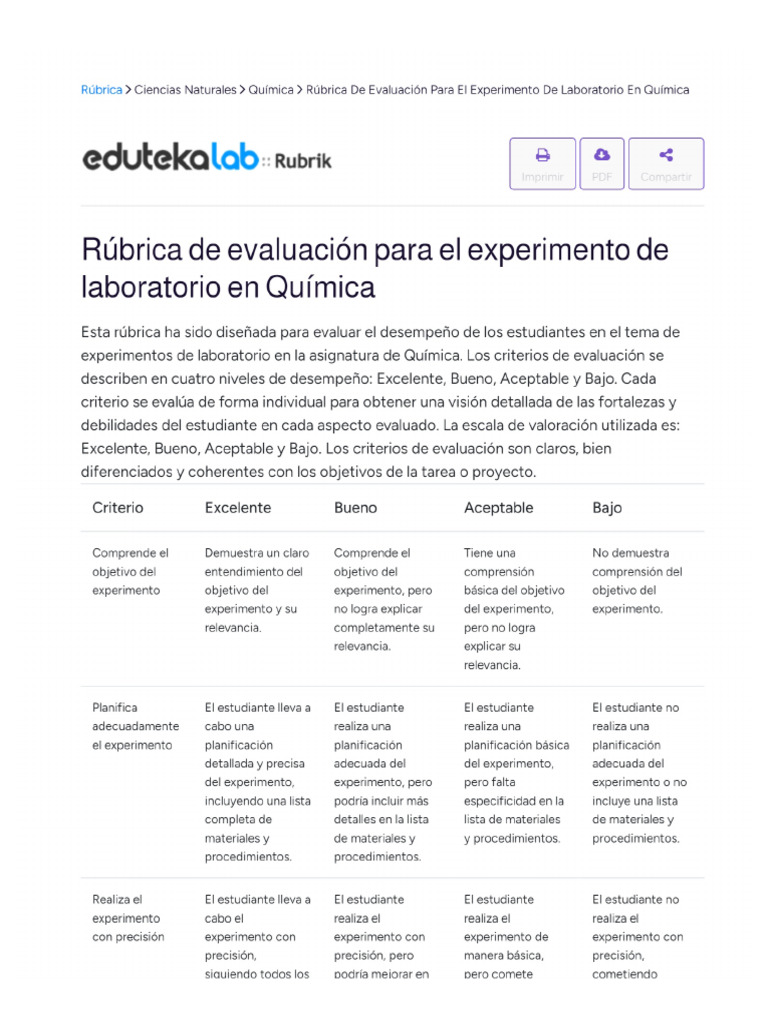 Rúbrica De Evaluación Para El Experimento De Laboratorio En Química Pdf 8415