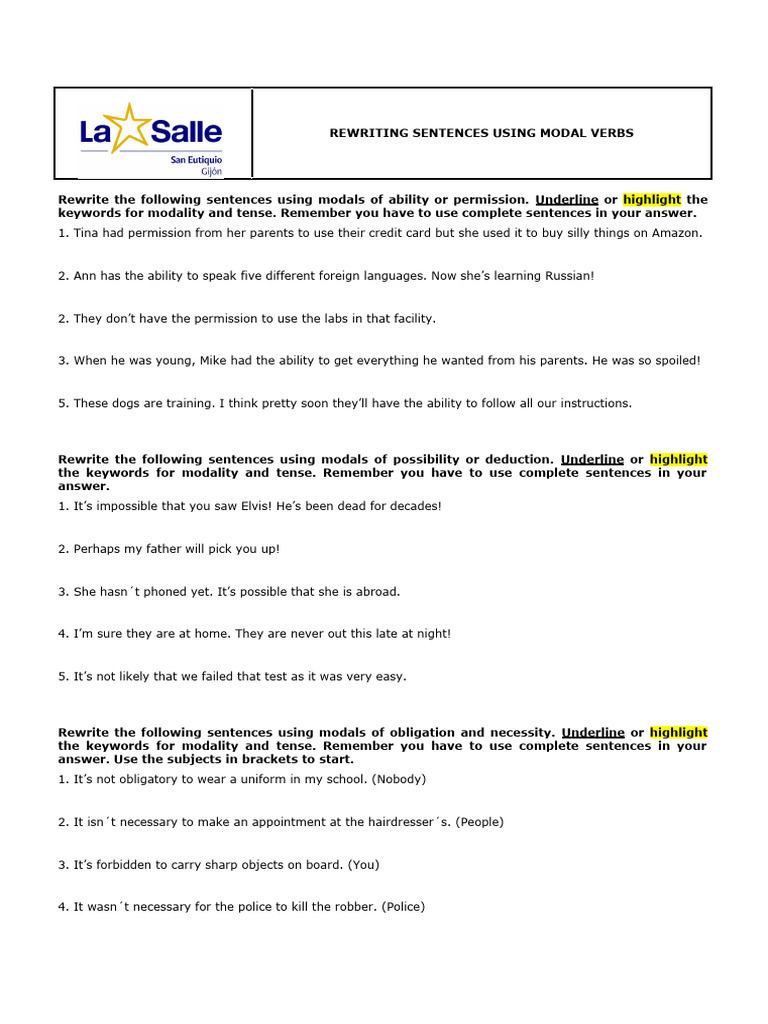 Rewriting Sentences with Modals | PDF | Grammar | Syntax