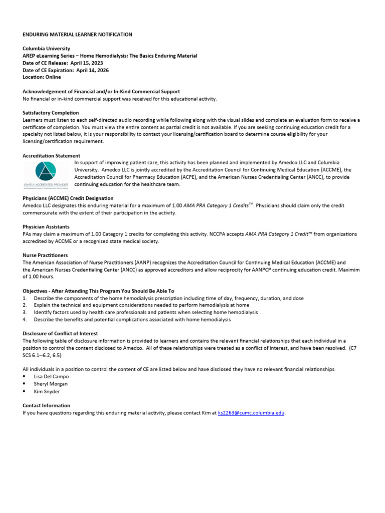 ELearning 4 Home Hemodialysis... Enduring Learning Notification | PDF ...
