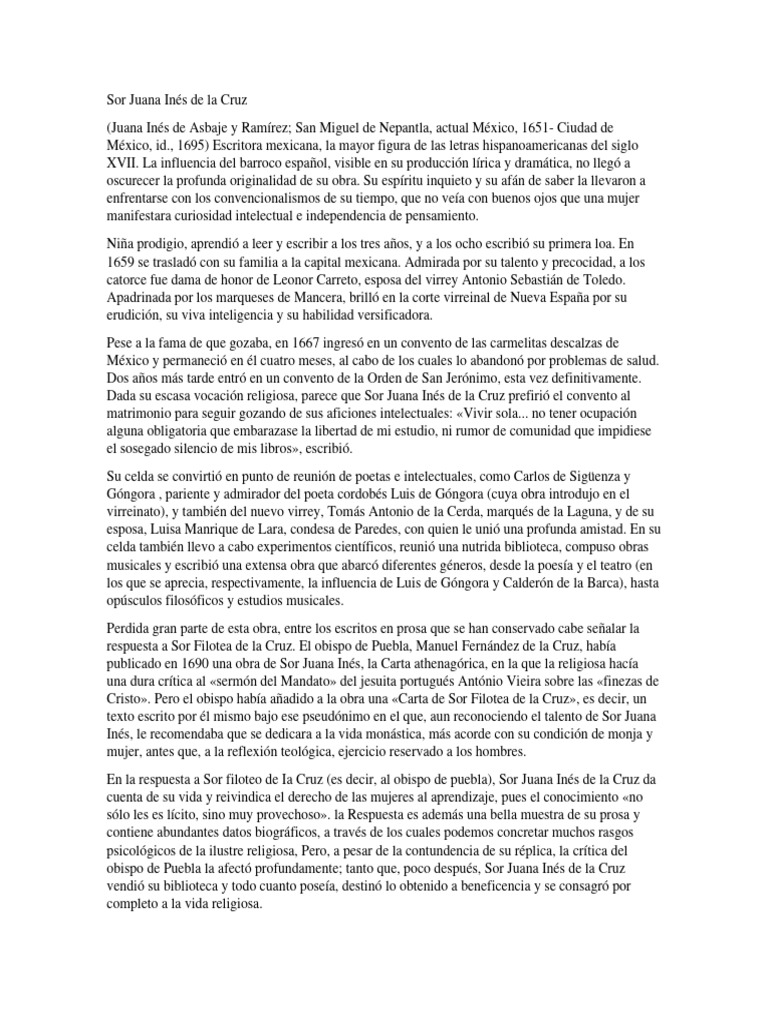 Biografía de Sor Juana Inés de la Cruz | PDF