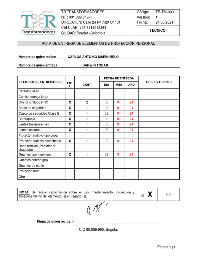 Formato - Acta de Entrega de Elementos de Protección Personal CMM | PDF